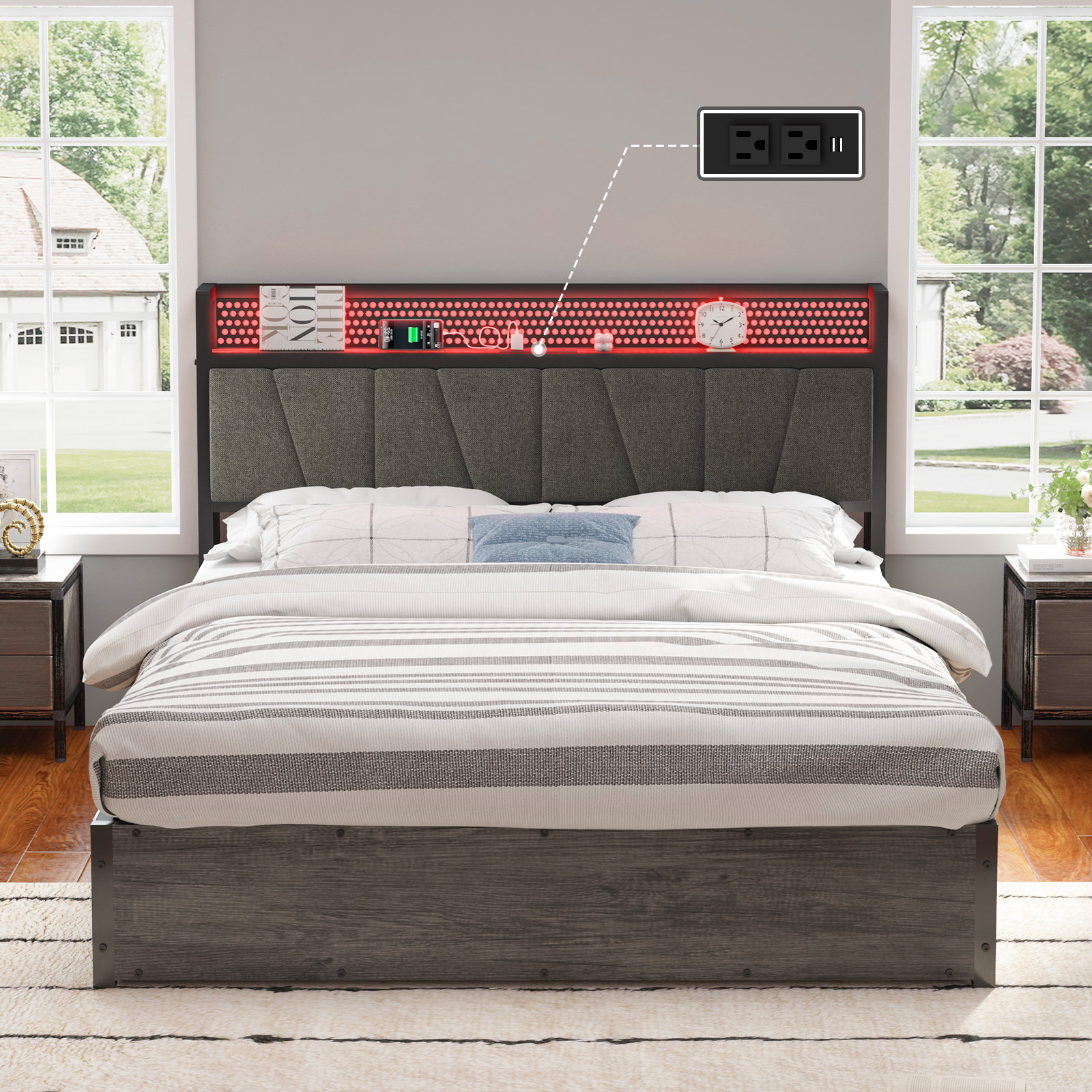 Wade Logan Lift Up Bed with Linen Upholstered LED Storage Headboard Reviews Wayfair